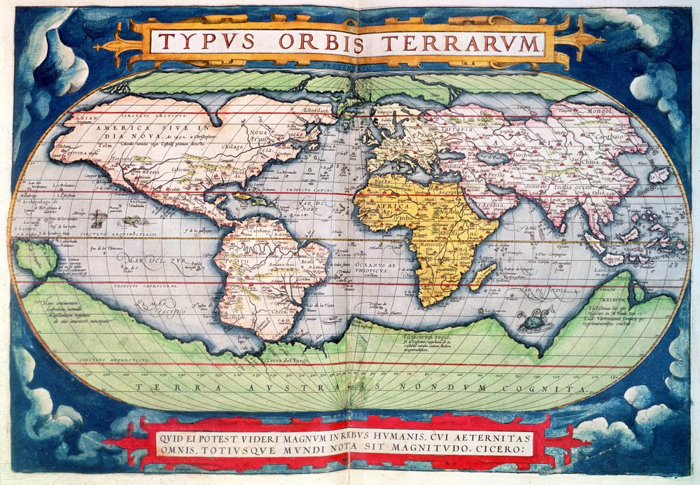 Weltkarte: 'Typus Orbis Terrarum', aus Ortelius' 'Americaesive Novi Orbis'