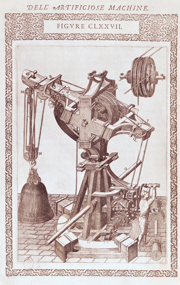 Ein Kran, Illustration aus 'Diverse Imaginary Machines' von Agostino ...