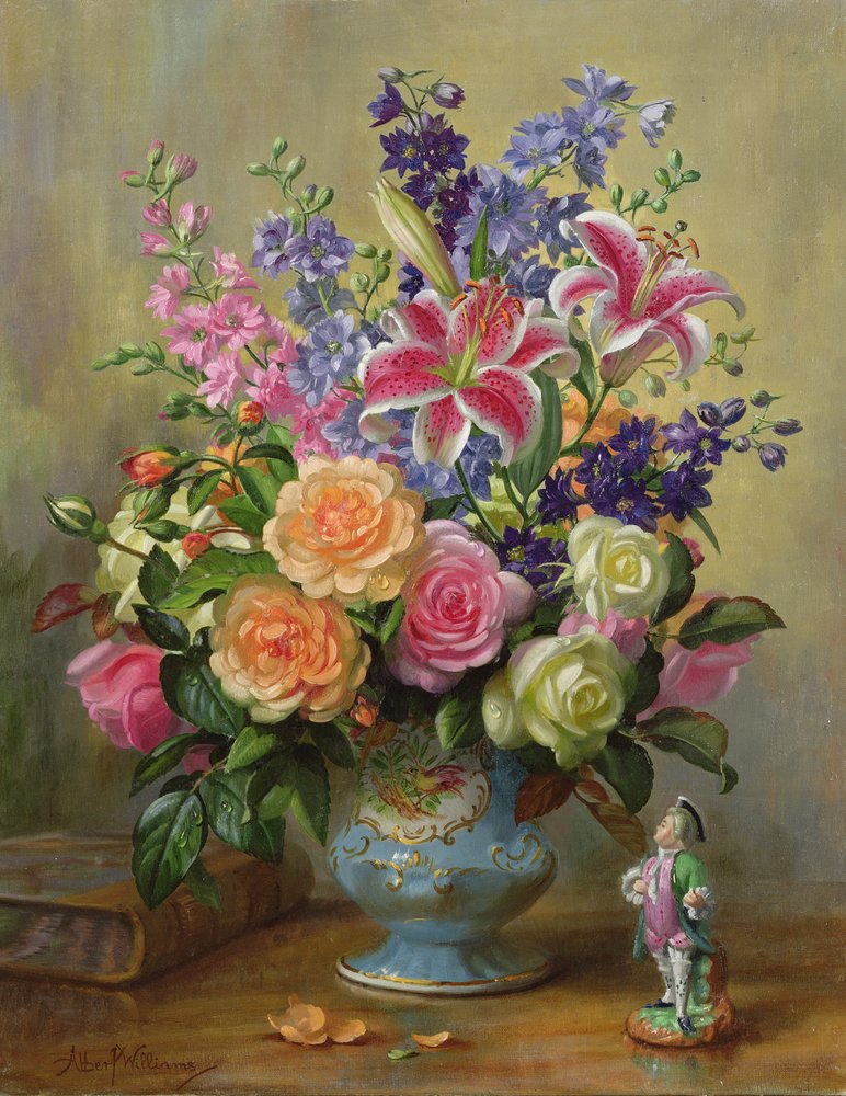 Stillleben mit Rosen, Lilien und Rittersporn