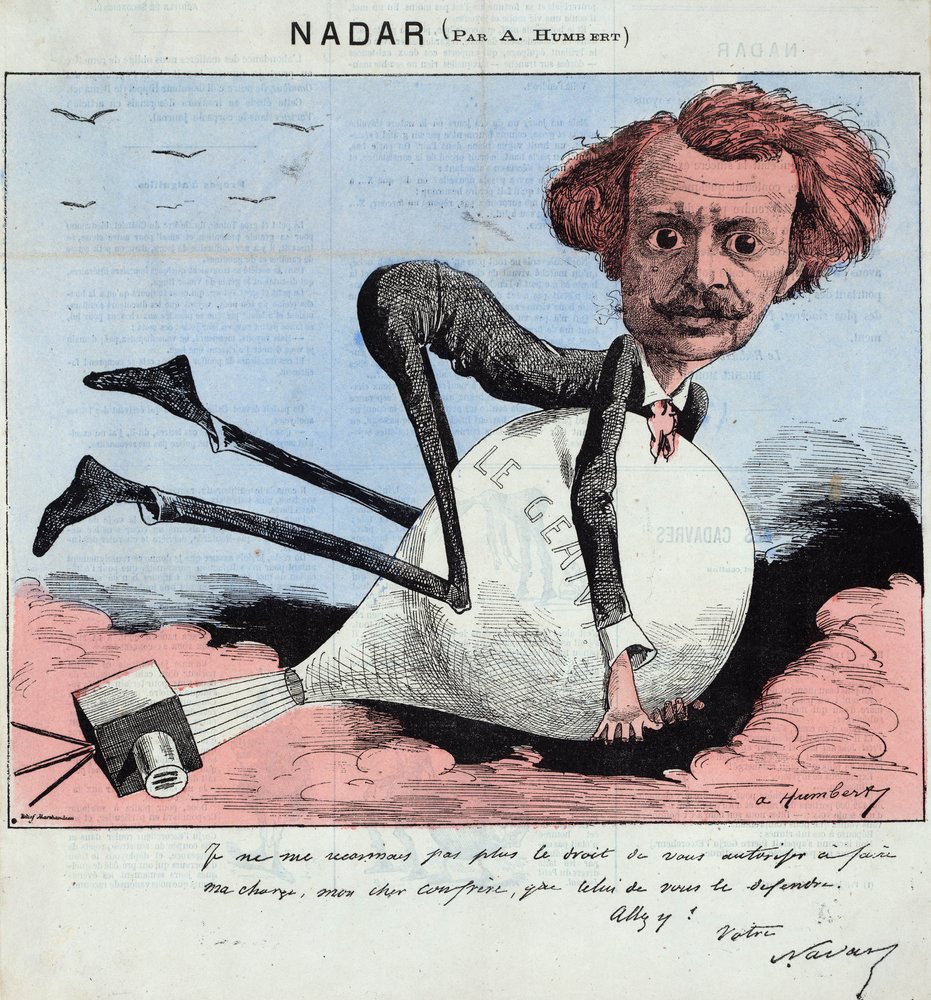 Karikatur, die Nadar und seinen Heißluftballon darstellt, ca. 1863 ...