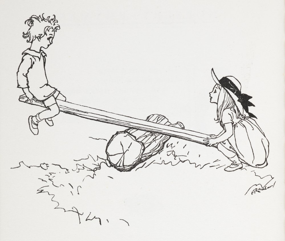 Zwei Kinder auf einer Wippe von Arthur Rackham: Kunstdruck