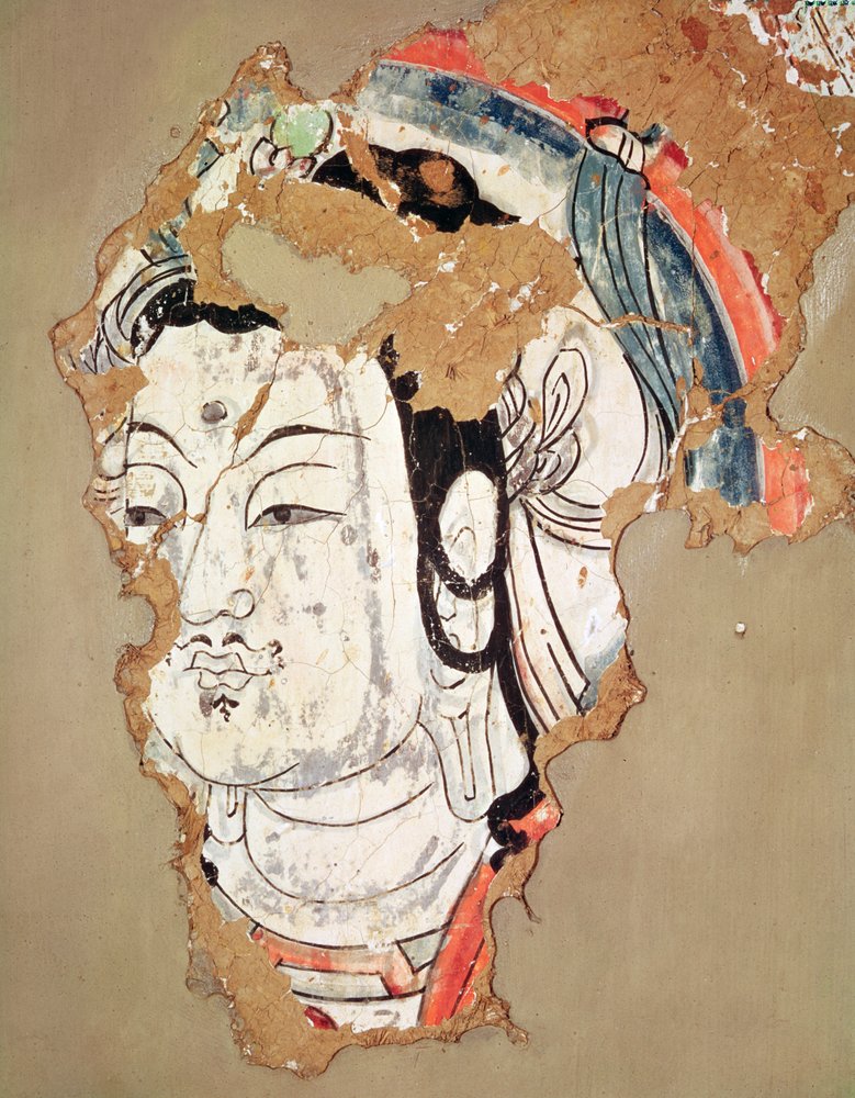 Kopf von Buddha mit einem Heiligenschein, aus Kao-chang, Xinjiang ...