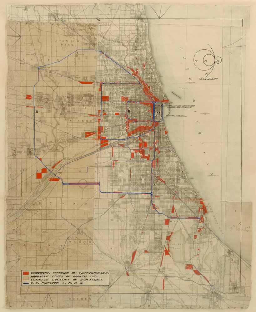Plan von Chicago, Chicago, Illinois, Eisenbahnschaltkreise-Diagramm, 1909