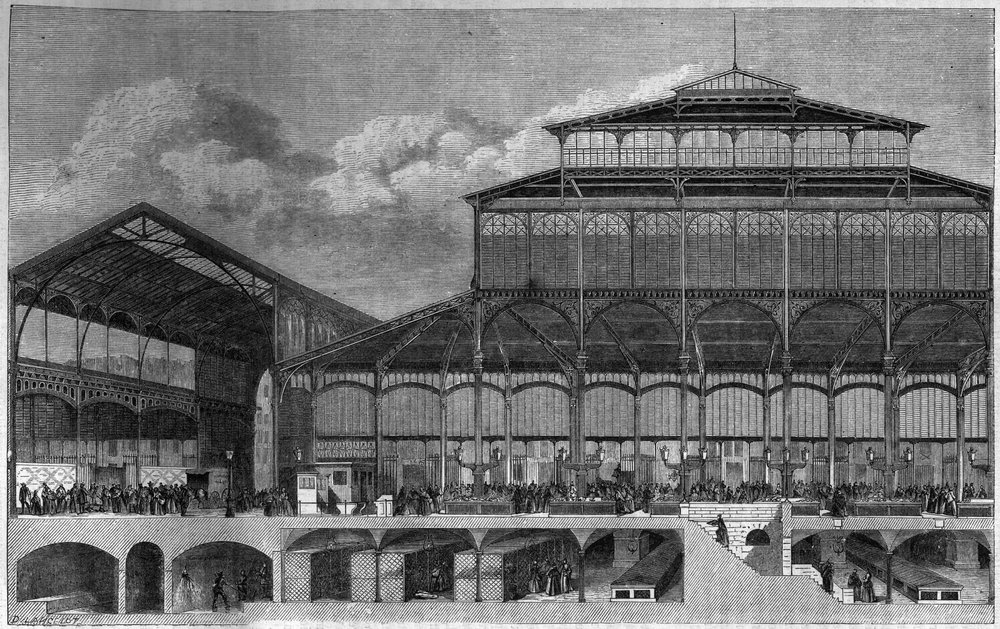 Querschnitt durch die Halles de Paris im Jahr 1862. Kupferstich von ...
