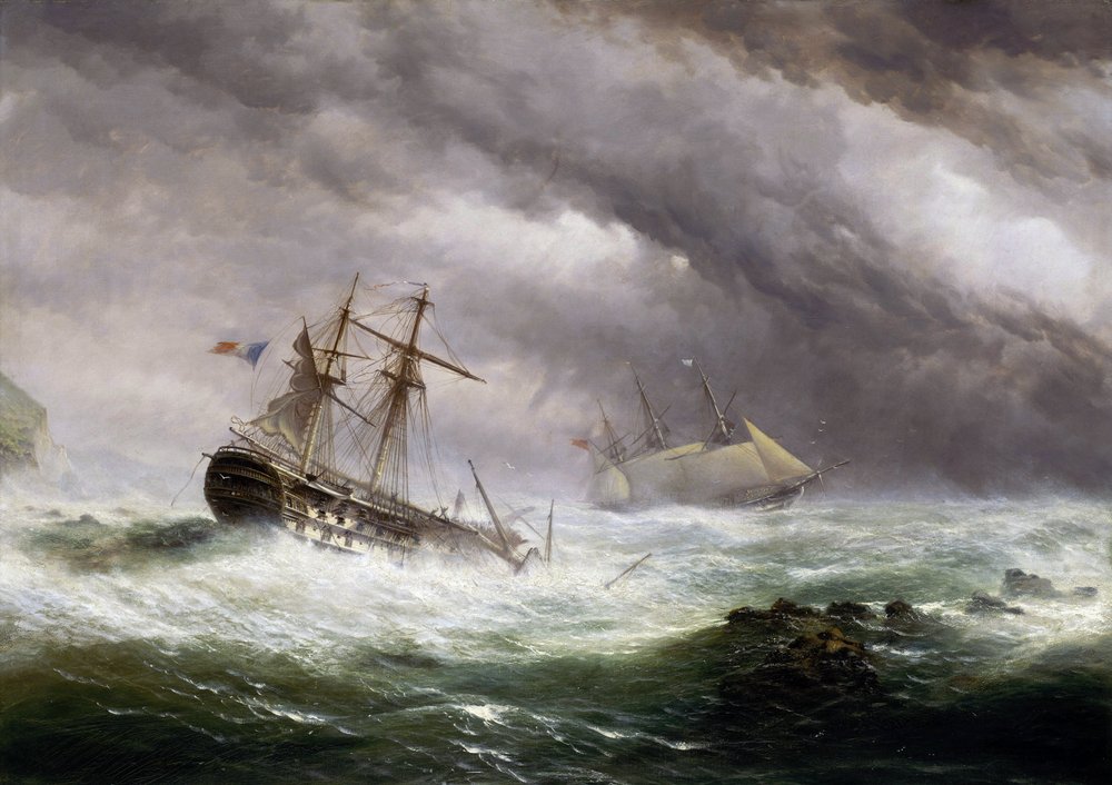 Die HMS 'Endymion' rettet ein französisches Schiff im Sturm 1803