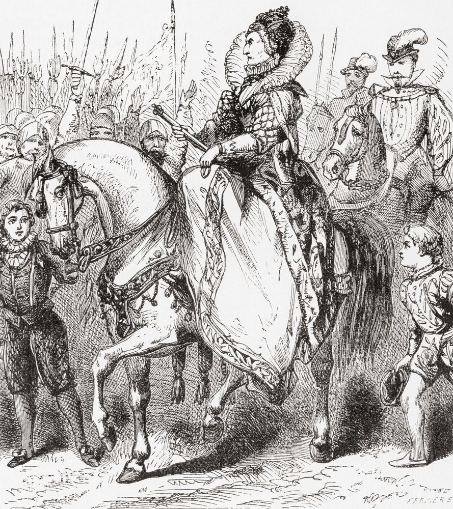 Elisabeth I inspiziert ihre Truppen im Hafen von Tilbury, 1588, aus ...