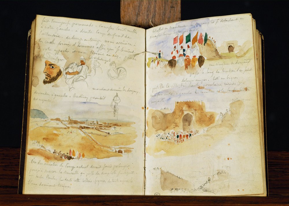 Skizzen von Arabern, Landschaften von Marokko, arabische Menschenmengen ...