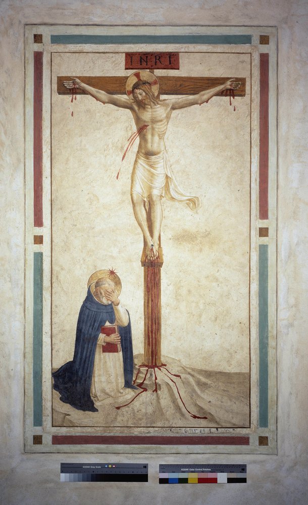 Die Kreuzigung mit dem heiligen Dominikus. Inschrift "INRI" auf dem Kreuz. Fresko von Guido di ...