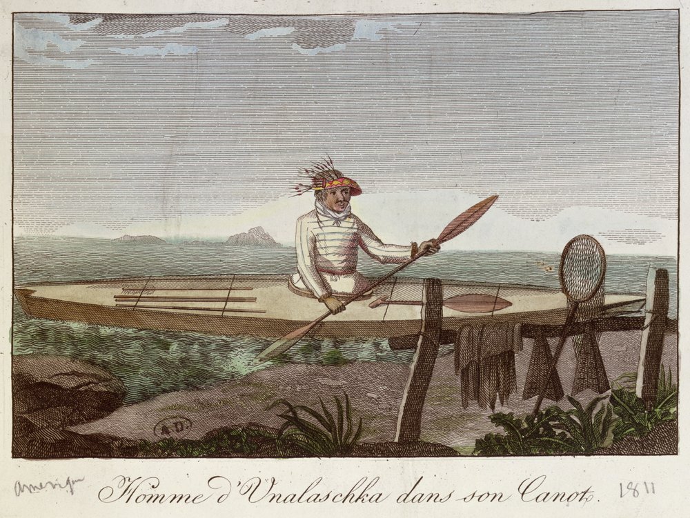 Ein Bewohner der Insel Unalaska in seinem Kanu, 1811