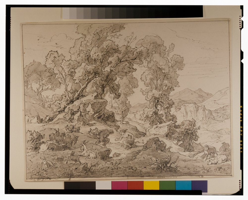 Faun und Nymphe in arkadischer Landschaft