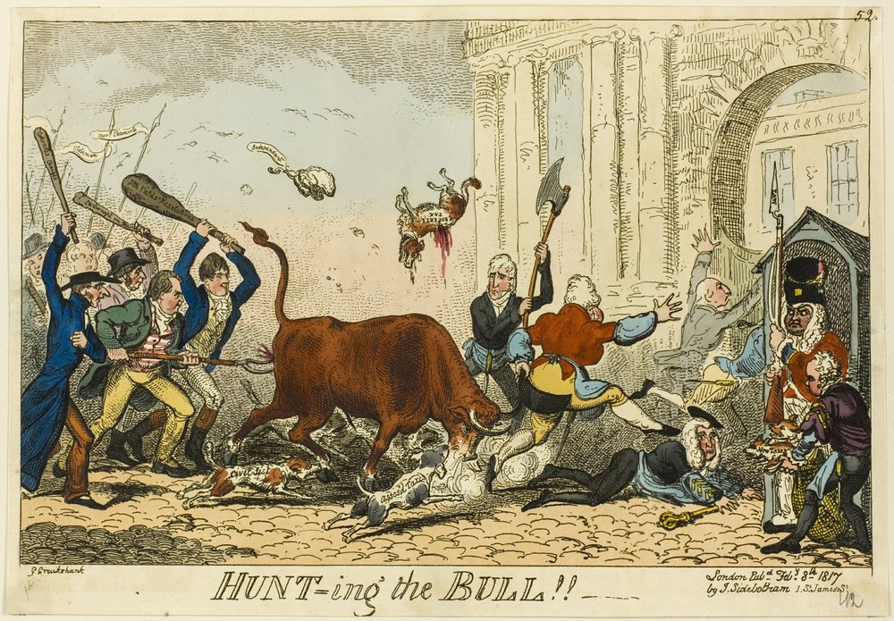 Die Jagd auf den Stier!! von George Cruikshank: Kunstdruck