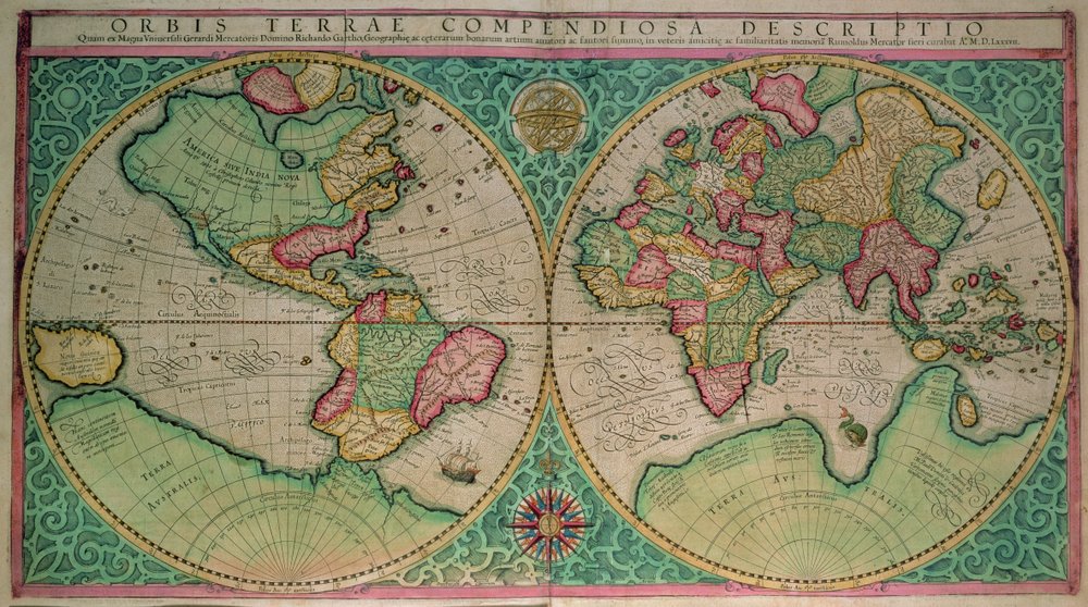 Weltkarte, aus dem 'Atlas sive cosmographicae..' veröffentlicht 1595