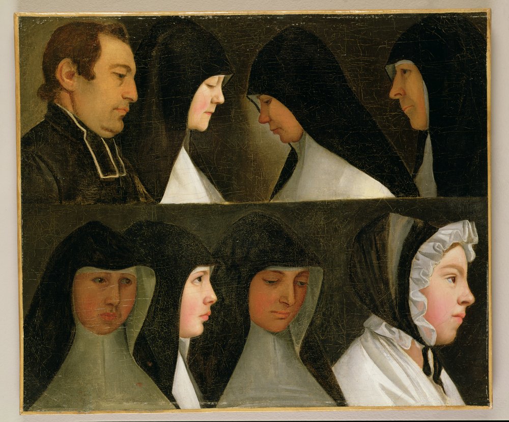 Studie von Nonnen, einer Novizin und einem Abt