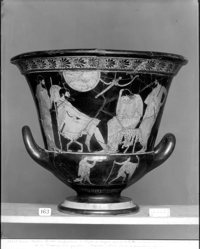 Attisch rotfiguriger Kalyx-Krater, der Odysseus zeigt, wie er Achilles ...