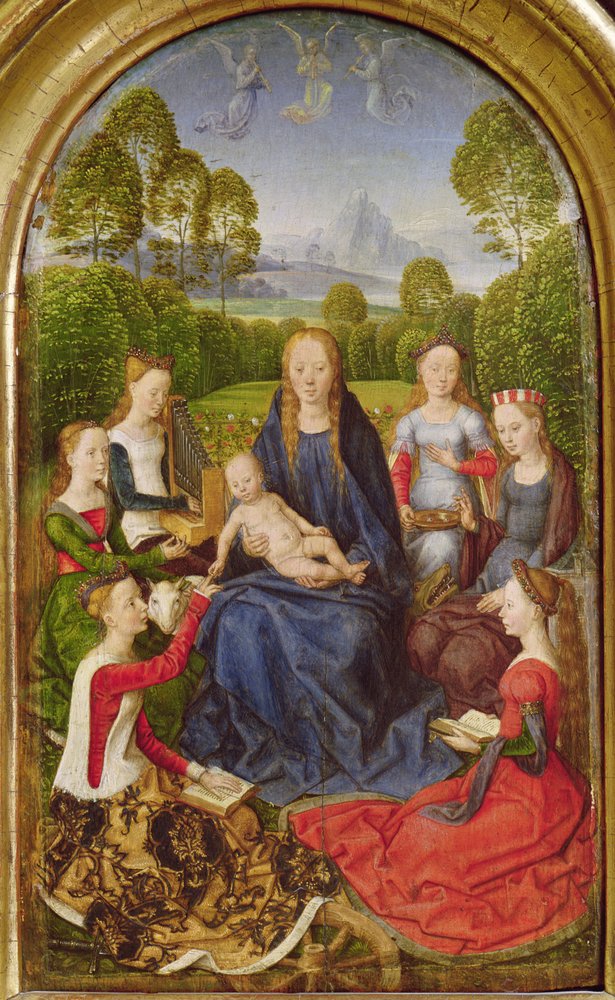 Jungfrau und Kind mit Heiligen, linke Tafel des Diptychons von Jean du ...