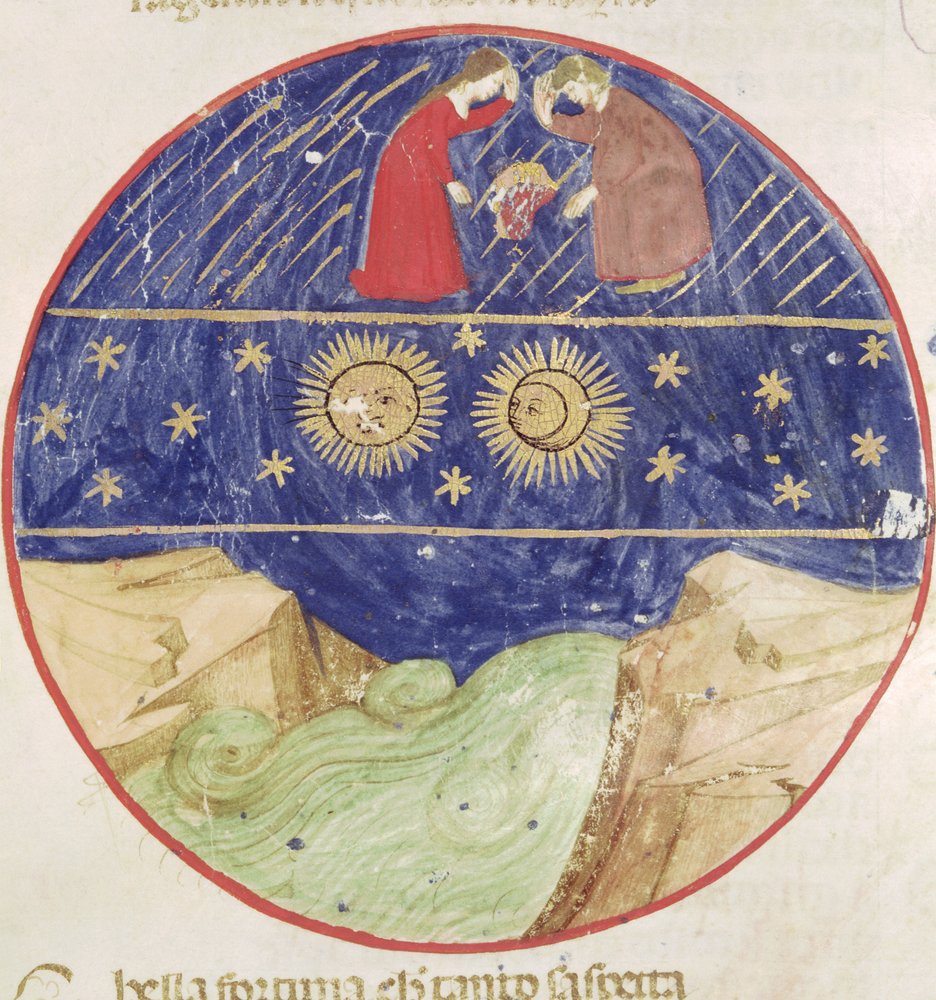 Dante und Beatrice betrachten das Zeichen der Zwillinge, die Planeten ...