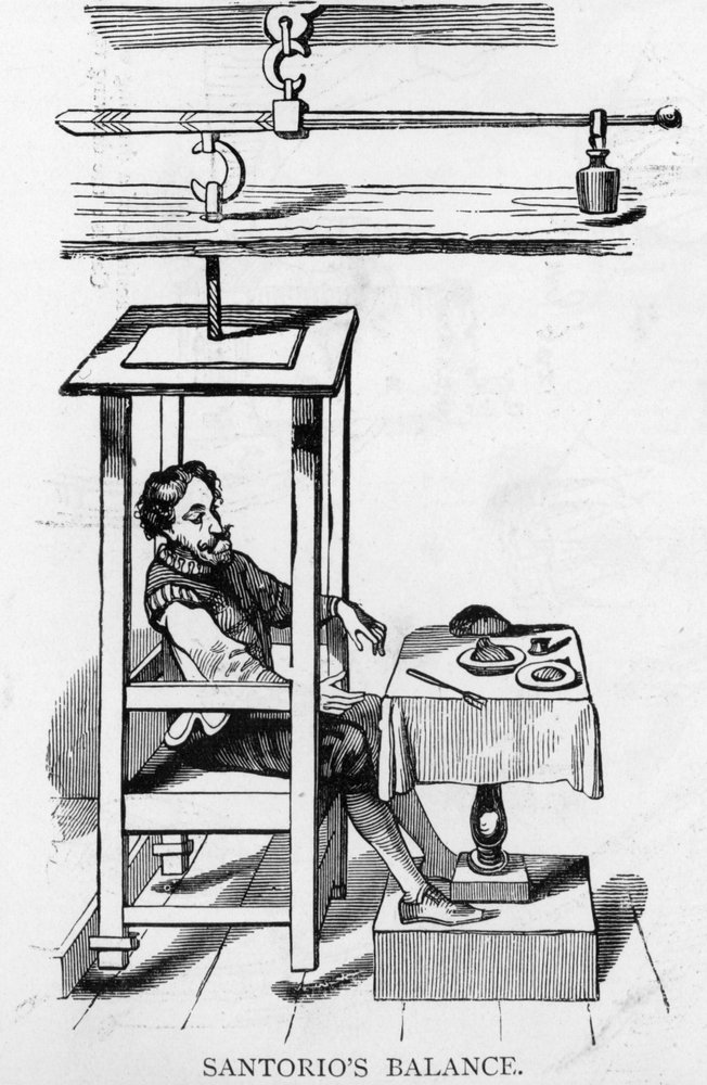 Santorio Santorio in seiner Waagenmaschine