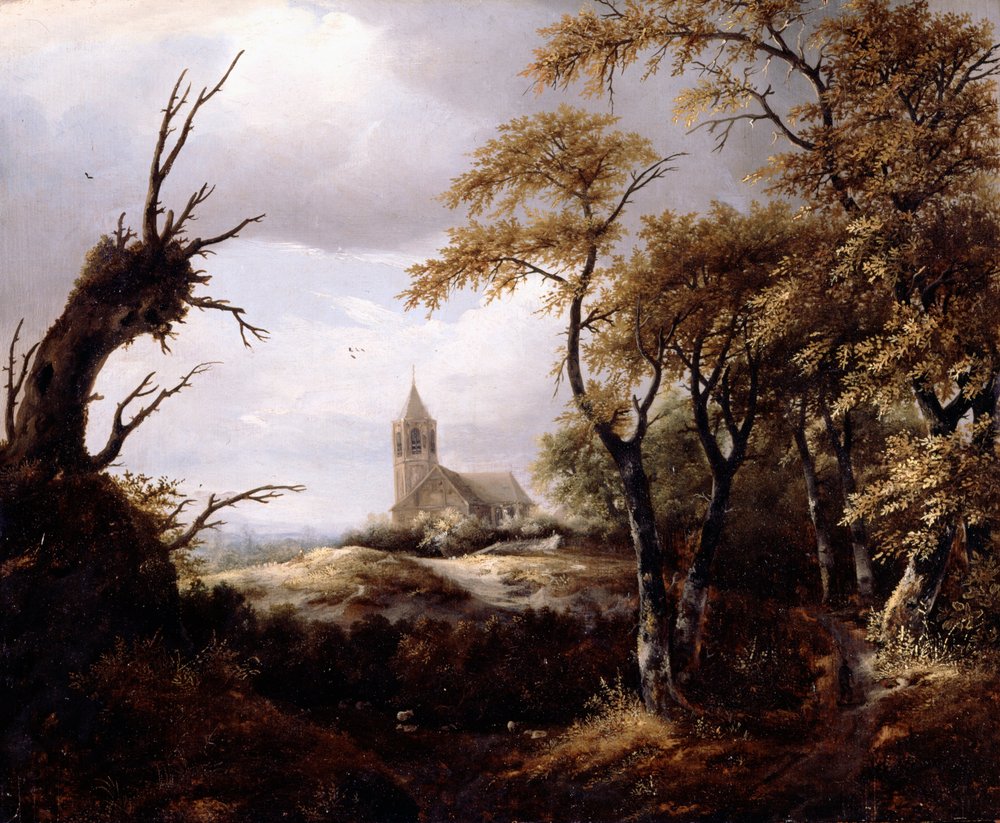 Landschaft mit Kirche von Jacob van Ruisdael: Kunstdruck