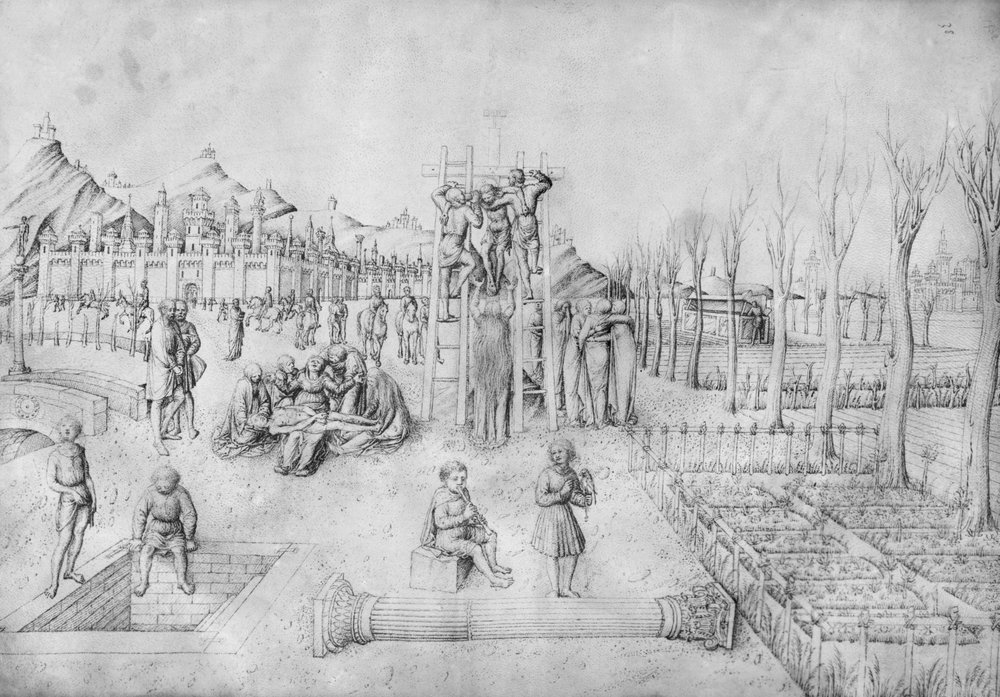 Abnahme vom Kreuz und Beweinung Christi in einer Landschaft