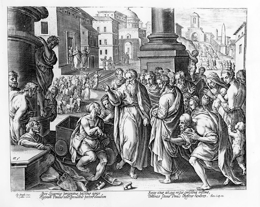 Heilige Paulus und Barnabas predigen in Lystra, graviert von P. Galleus