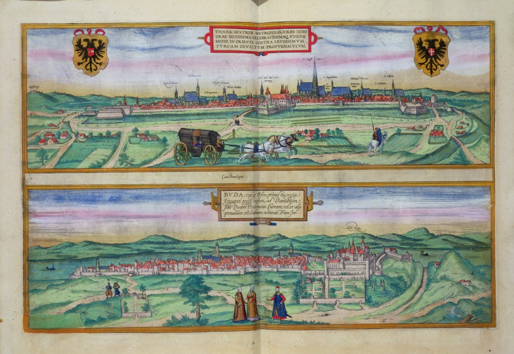Stadtplan von Wien und Buda, aus 'Civitates Orbis Terrarum' von Georg ...