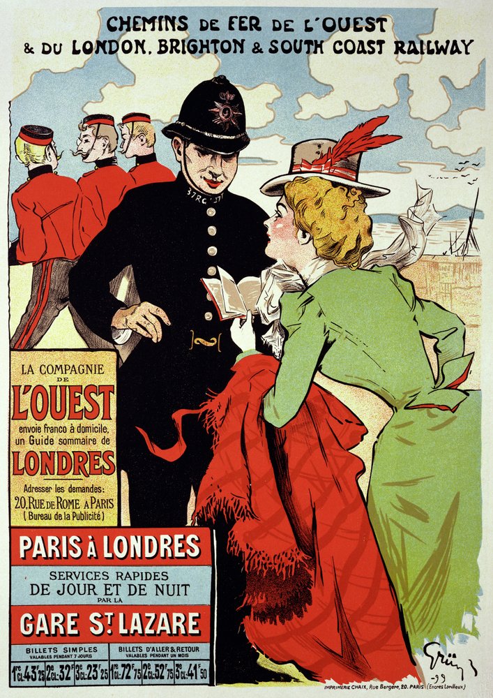 Reproduktion eines Posters, das Züge von Paris nach London bewirbt, 1899