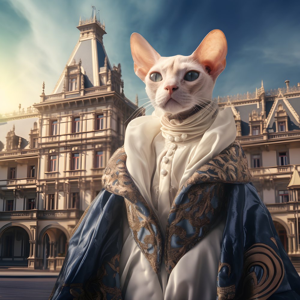 Sphynx-Katze im Ballkleid vor dem Hintergrund eines prächtigen Palastes ...