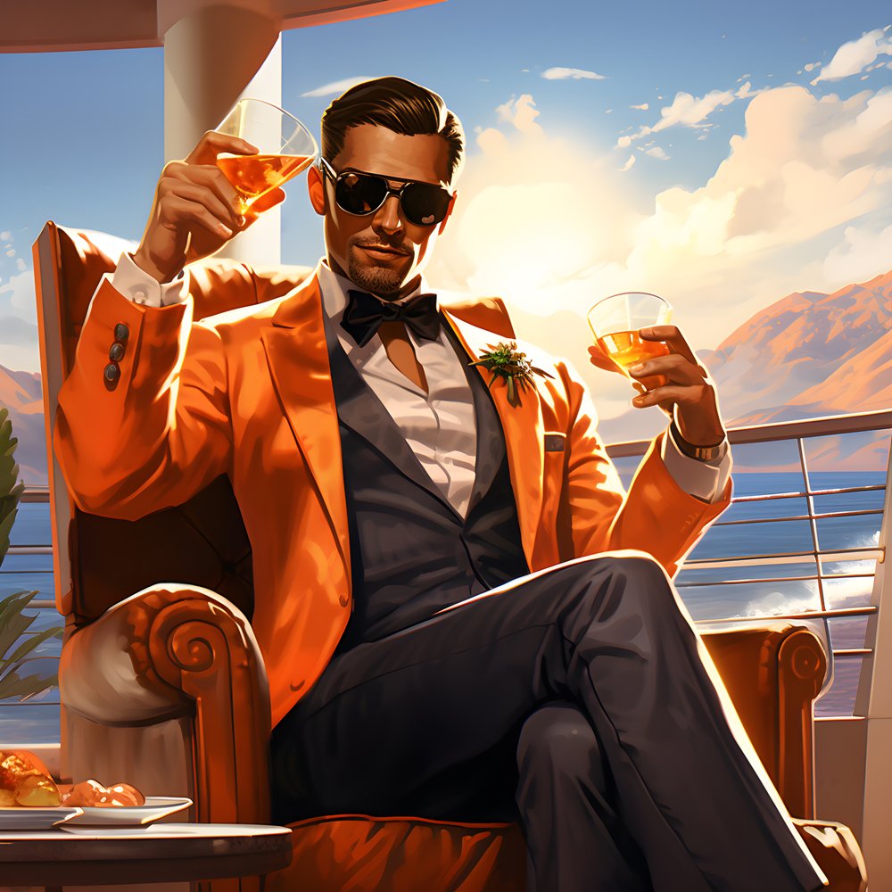 Ein reicher Mann, gut gekleidet, sitzt auf einem privaten ...