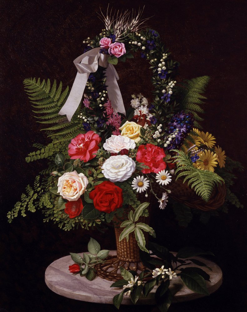 Stillleben mit Blumen im Korb (Margeriten, Farne, Rosen)