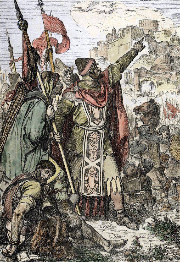 Barbareninvasion: Der König der Hunnen Attila (406-453) beobachtet mit ...