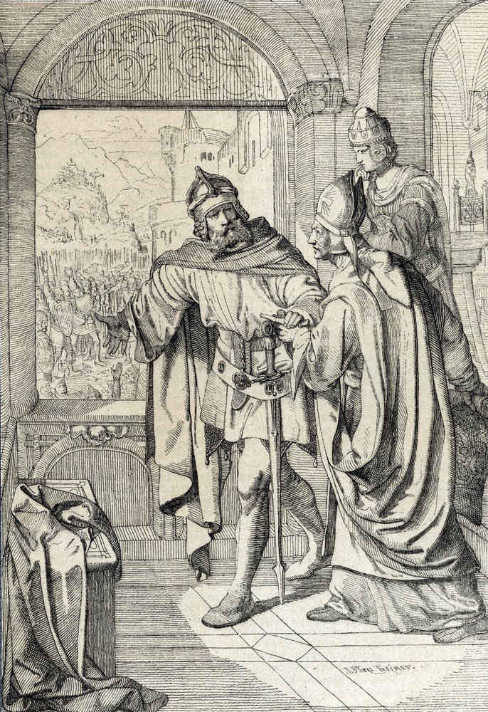 Die ersten Mitglieder der Habsburger Dynastie Radbot und der Bischof Werner zur Zeit des Baus ...