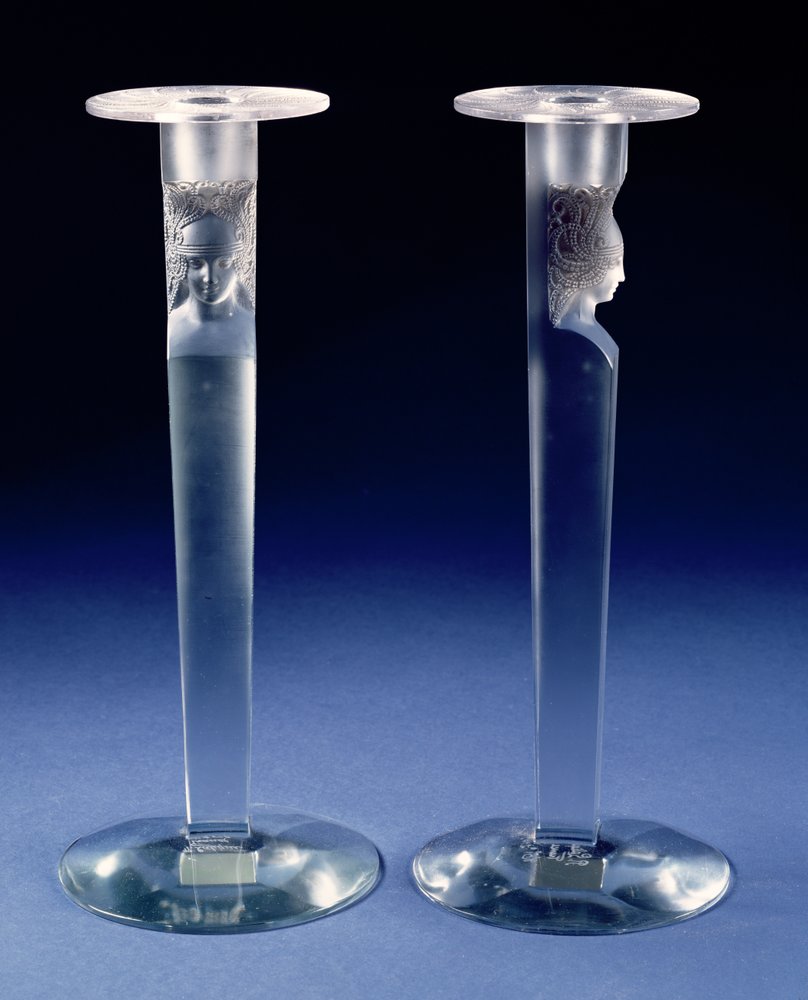 Karyatide, ein Paar Kerzenhalter (Glas)