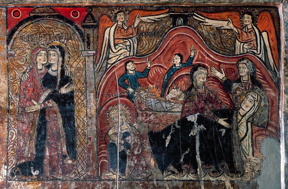 Die Heimsuchung und die Geburt mit den Hebammen Celomi und Salome (Detail)