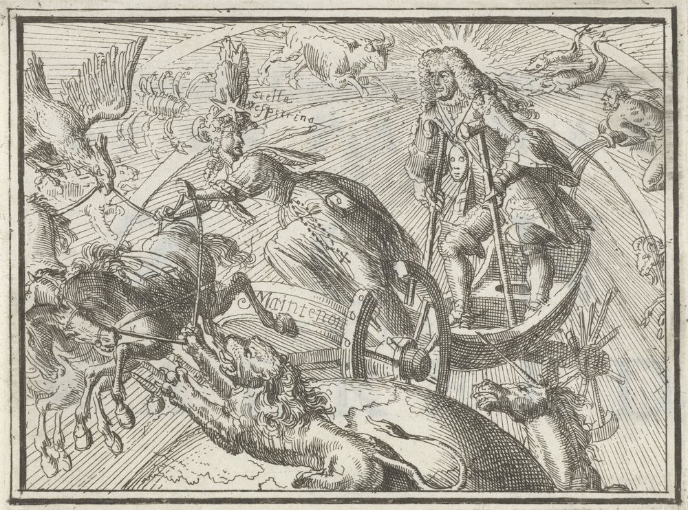 Karikatur, die Ludwig XIV. als Apollo in seinem Wagen darstellt, 1701