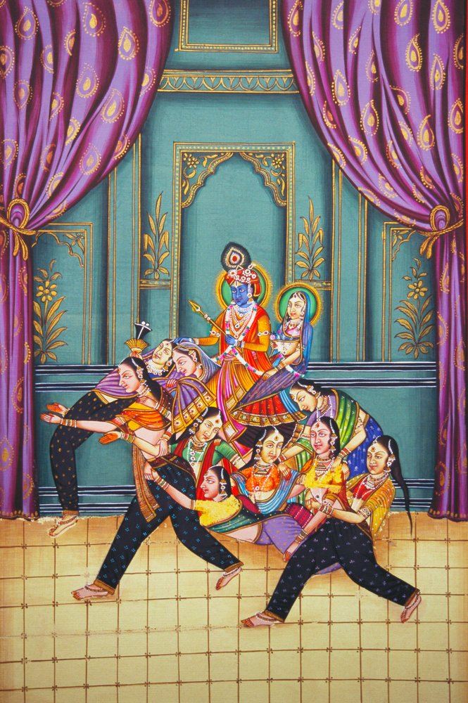 Radha Krishna mit Sakhis Miniaturmalerei auf Papier