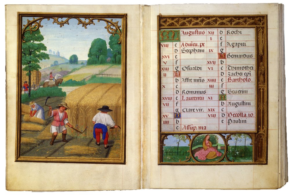 August - Weizen ernten, Garben binden von Simon Bening