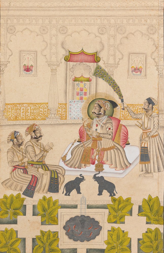 Maharana Amar Singh II zeigt zwei silberne Elefanten, ca. 1705
