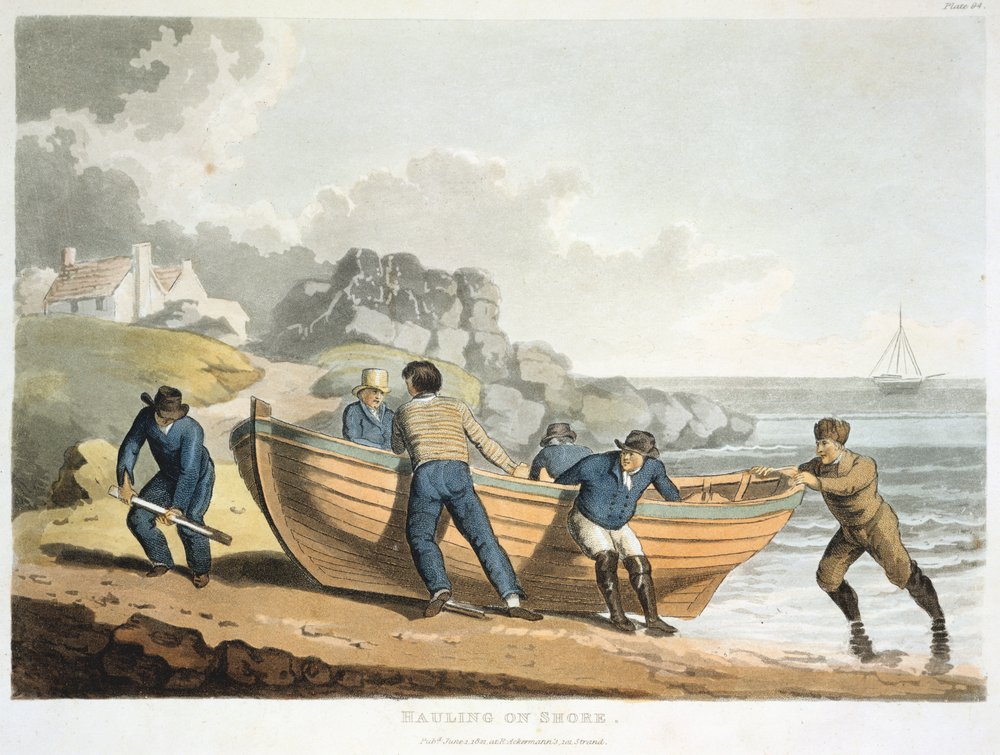 Seeleute ziehen ein klinkergebautes Dingi an Land, 1821