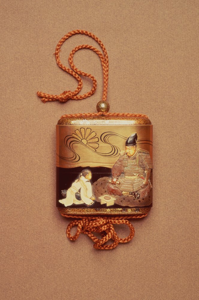 Inro zeigt einen Diener, der vor einem Samurai kniet, signiert von ...