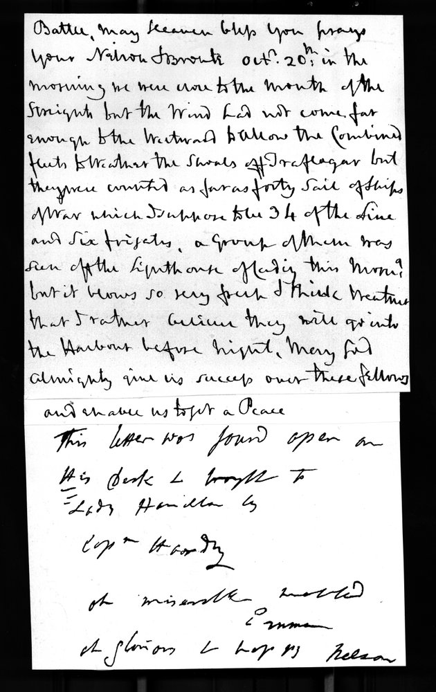 Nelsons letzter Brief an Lady Hamilton von seinem Schiff HMS 'Victory'