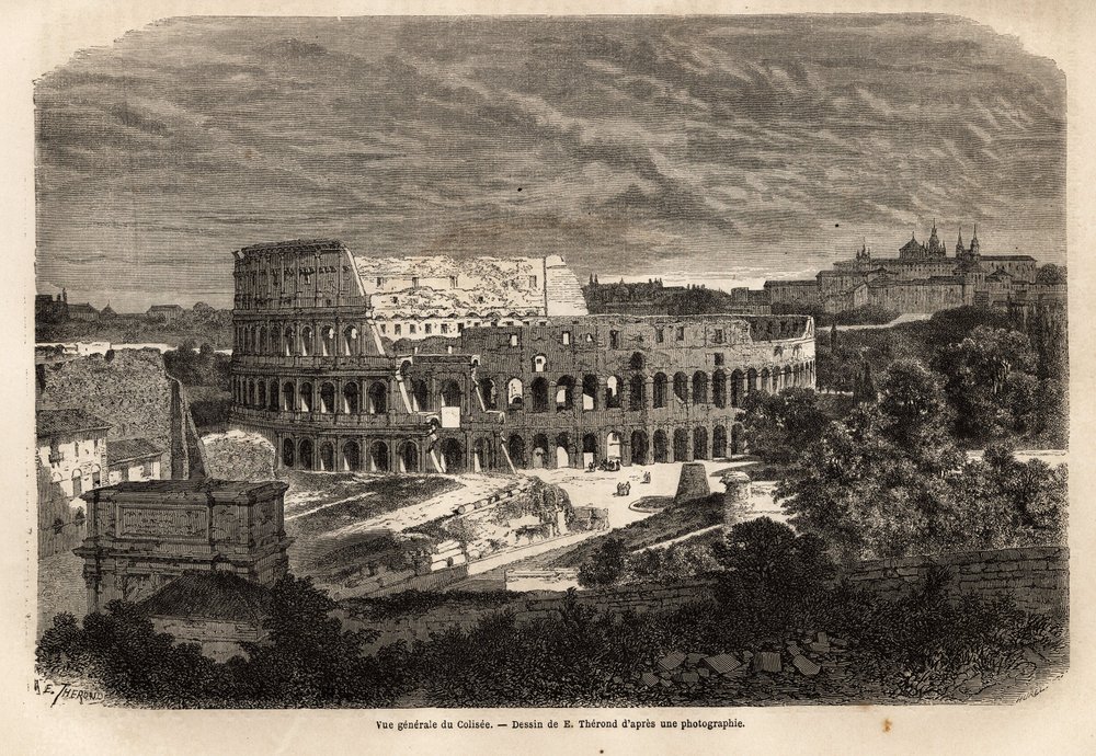 Gesamtansicht des Kolosseums in Rom, flavisches Amphitheater, das im ...