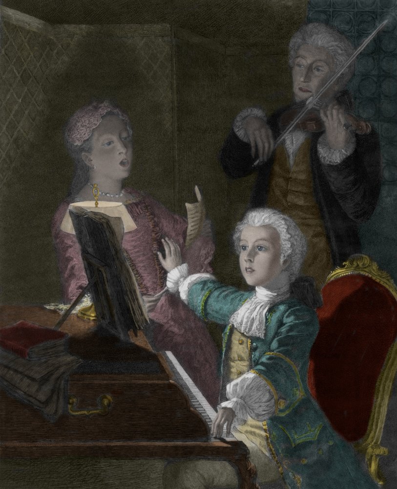 Wolfgang Amadeus Mozart mit seinem Vater Leopold und seiner Schwester ...