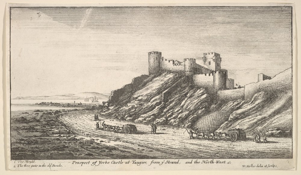 Aussicht auf Yorke Castle in Tanger, vom Strand und Nordwesten, 1669-73