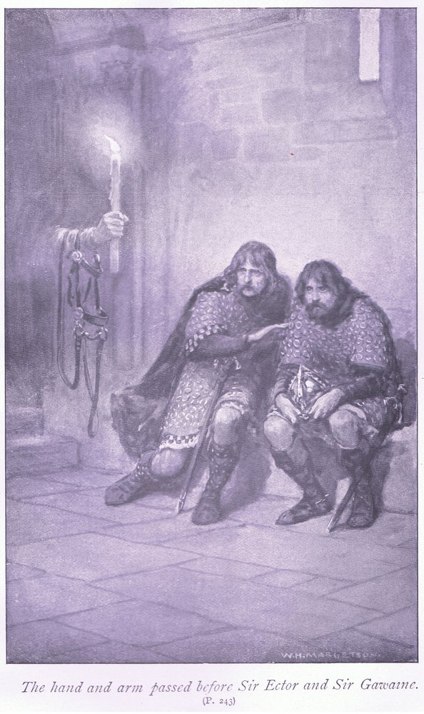 Die Hand und der Arm vor Sir Ectar und Sir Gawaine