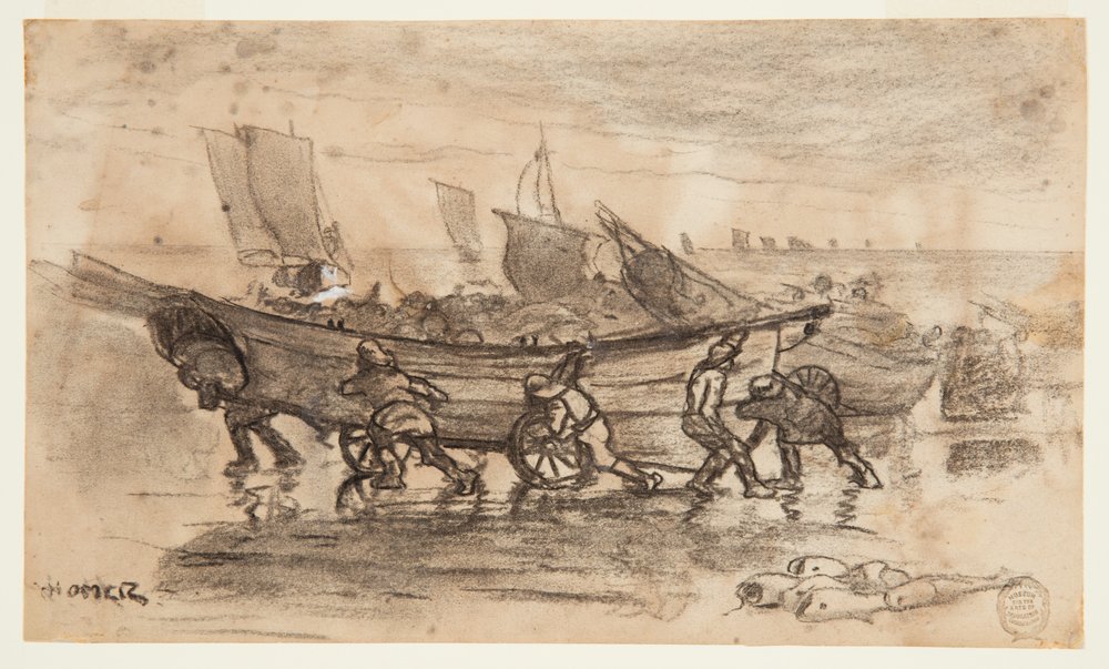 Fischer, die ein Dory an Land ziehen, Cullercoats, England