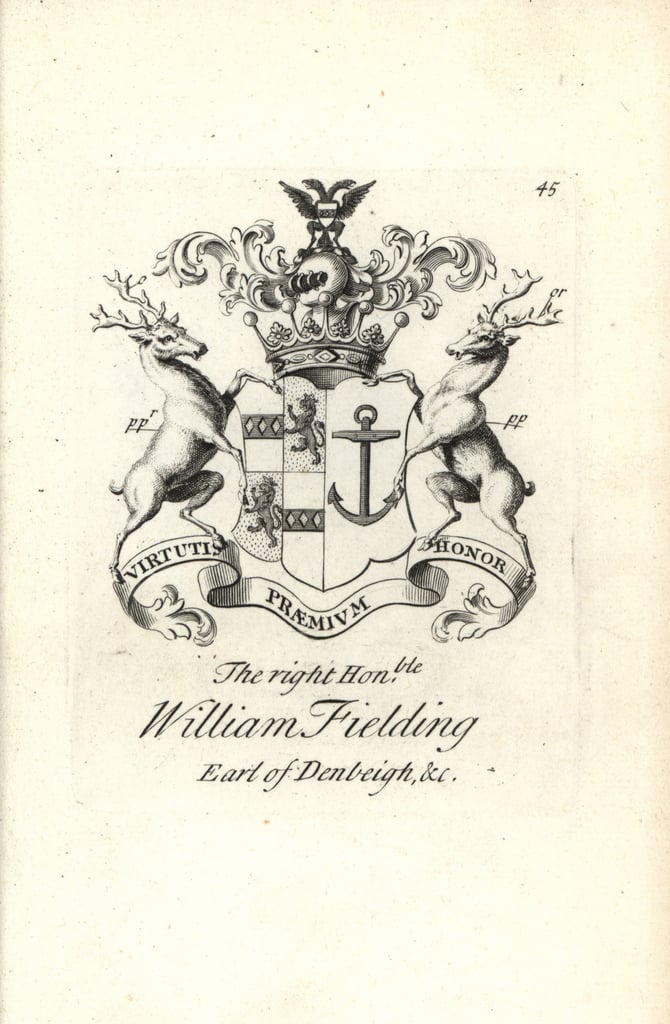 Wappen und Helmzier des rechtschaffenen William Fielding, 5. Earl of ...