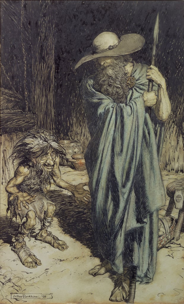 Zwerg und Wotan, aus Wagners Ring der Nibelungen, 1911 (WC, Feder)