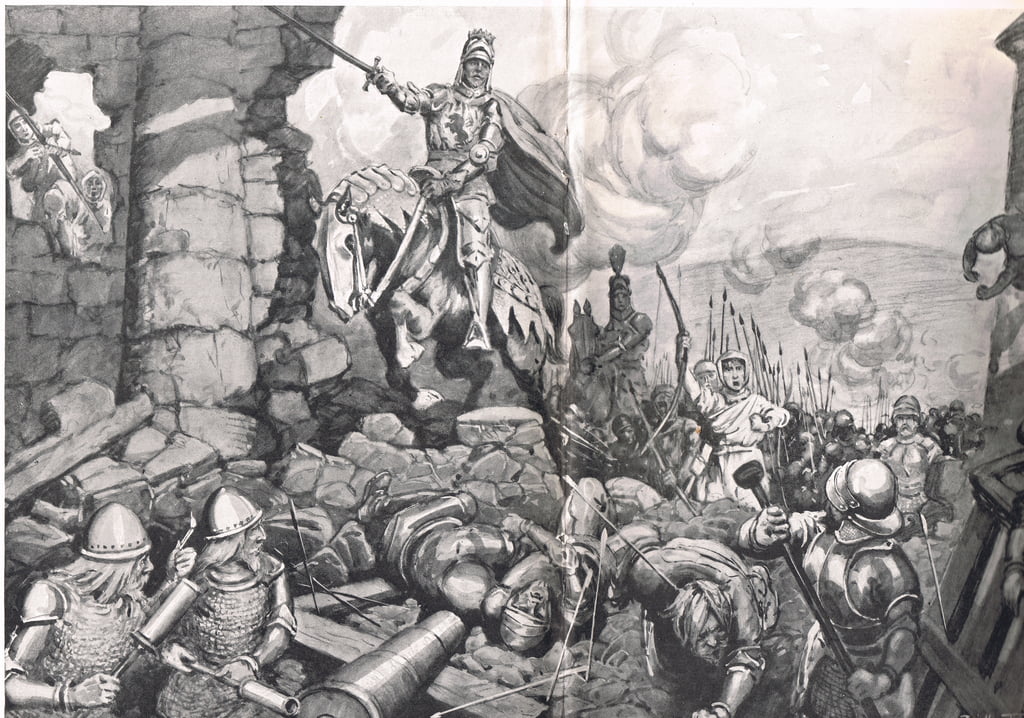 Heinrich V. bei der Belagerung von Harfleur, Illustration aus "British ...