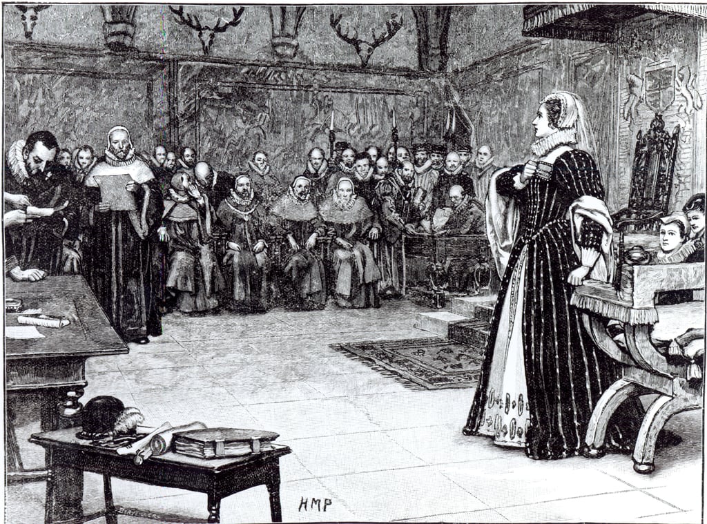 Trial of Mary Queen of Scots (1542-1587) in Fotheringhay Castle