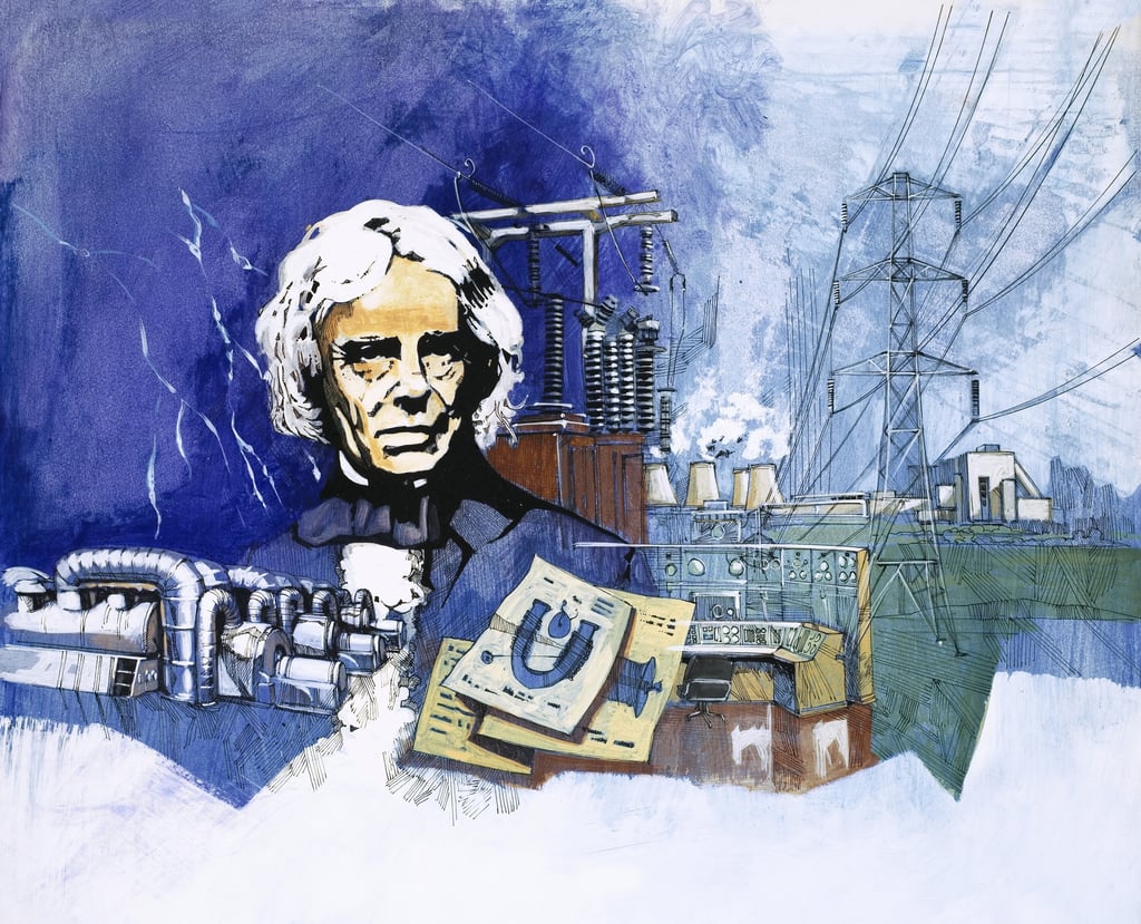 Michael Faraday mit elektrischer Kraftwerk im Hintergrund
